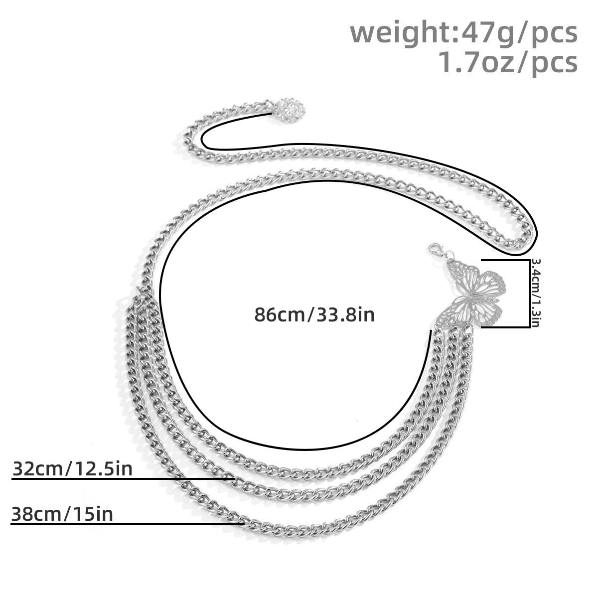 Wiwpar Multilayer Waist Chain Butterfly Chain Belts Body Belly Chain Jean Pants Belt Chains Butterfly Waist Chain Silver for Women Girls