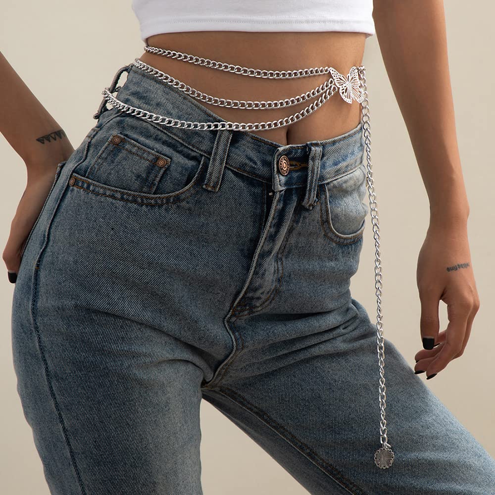 Wiwpar Multilayer Waist Chain Butterfly Chain Belts Body Belly Chain Jean Pants Belt Chains Butterfly Waist Chain Silver for Women Girls