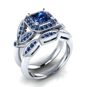 IdealJewel95 Sterling Silver 1.35 ct Princess & Round Blue Sapphire Bridal Ring Set Free Size For Women Wedding/Valentines / Engagement_14_4