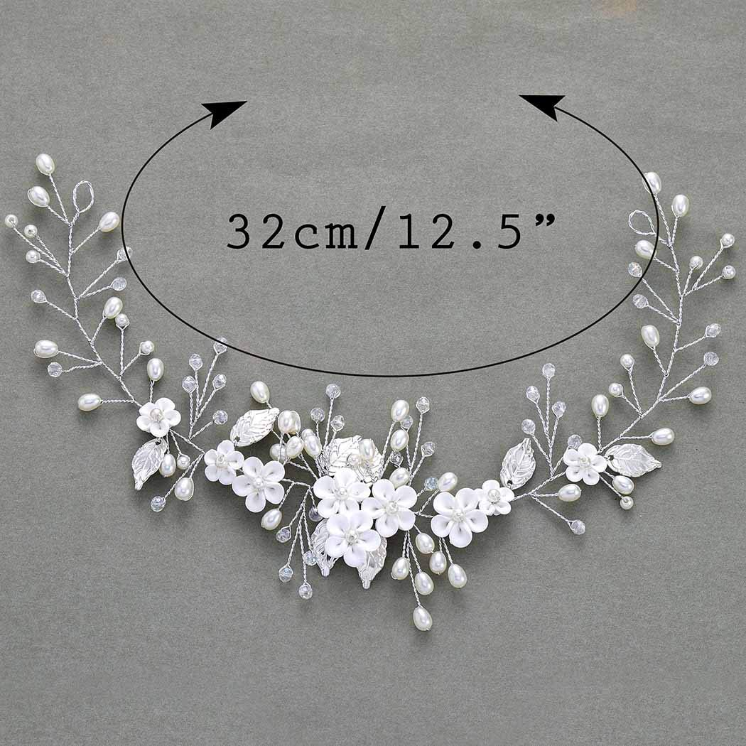 Unicra Silver Bride Wedding Hair Vine Flower Bridal Hair Piece Pearl Hair Accessories Leaf Headpieces Jewelry for Women and Girls (12.5 Inches) (Silver)