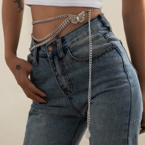 Wiwpar Multilayer Waist Chain Butterfly Chain Belts Body Belly Chain Jean Pants Belt Chains Butterfly Waist Chain Silver for Women Girls