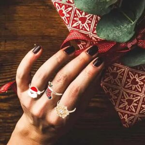 Frodete 9 Pcs Christmas Rings for Women,Rhinestone Christmas Ring Set Gold Santa Claus Bow Snowflake Reindeer Rings for Girls