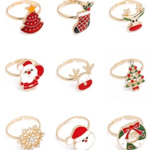 Frodete 9 Pcs Christmas Rings for Women,Rhinestone Christmas Ring Set Gold Santa Claus Bow Snowflake Reindeer Rings for Girls