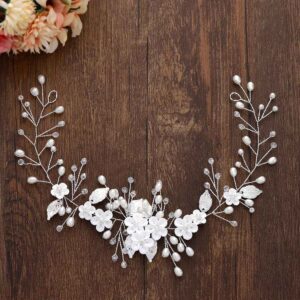 Unicra Silver Bride Wedding Hair Vine Flower Bridal Hair Piece Pearl Hair Accessories Leaf Headpieces Jewelry for Women and Girls (12.5 Inches) (Silver)