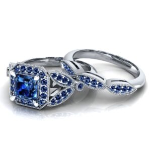 idealjewel95 sterling silver 1.35 ct princess & round blue sapphire bridal ring set free size for women wedding/valentines / engagement_14_4