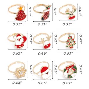 Frodete 9 Pcs Christmas Rings for Women,Rhinestone Christmas Ring Set Gold Santa Claus Bow Snowflake Reindeer Rings for Girls