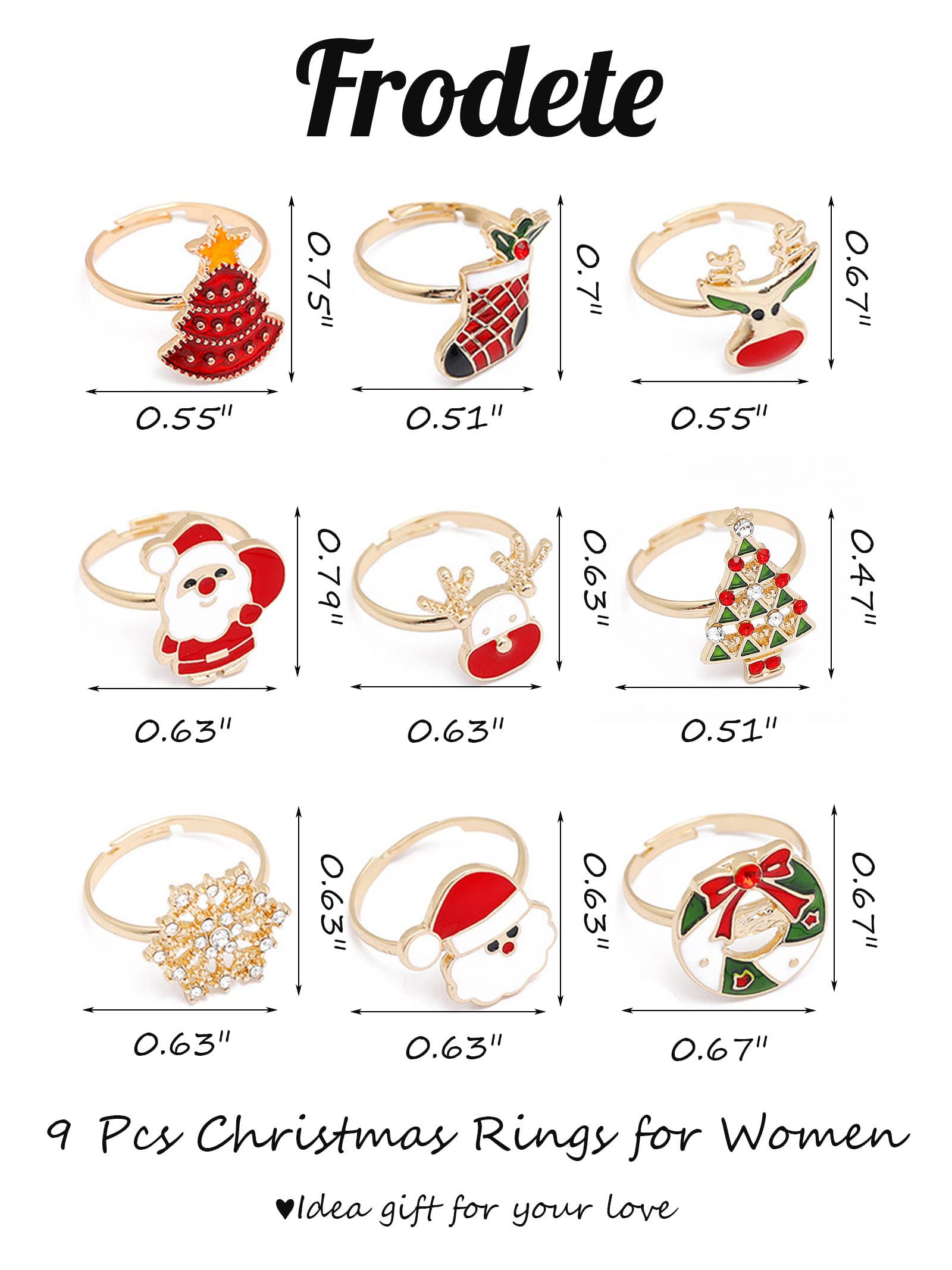 Frodete 9 Pcs Christmas Rings for Women,Rhinestone Christmas Ring Set Gold Santa Claus Bow Snowflake Reindeer Rings for Girls