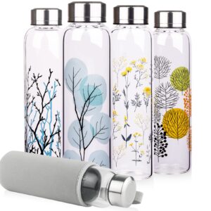 reeho borosilicate glass water bottle, sports glass drinking bottle with neoprene sleeve and stainless steel lid 16oz / 32oz (32oz, blue leaves)