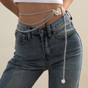 Wiwpar Multilayer Waist Chain Butterfly Chain Belts Body Belly Chain Jean Pants Belt Chains Butterfly Waist Chain Silver for Women Girls