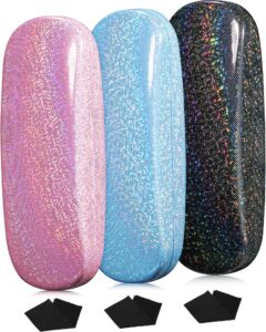 weewooday 3 pcs hard shell eyeglasses cases glitter sunglasses protective unisex glasses case with cleaning cloth (pink, blue, black), 6.3 x 2.4 x 1.2 inches/ 16 x 6 x 3 cm