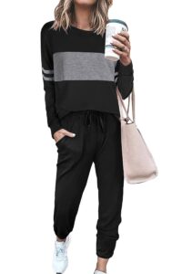 prettygarden women's color block 2 piece tracksuit crewneck long sleeve tops long sweatpants outfits lounge sets(black,medium)