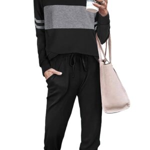 PRETTYGARDEN Women's Color Block 2 Piece Tracksuit Crewneck Long Sleeve Tops Long Sweatpants Outfits Lounge Sets(Black,Medium)