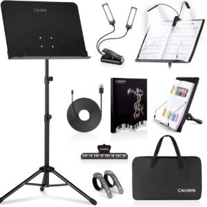 cahaya 6 in 1 sheet music stand with stand light desktop book stand with carrying bag, sheet music folder & clip metal portable solid back for guitar, ukulele, violin players