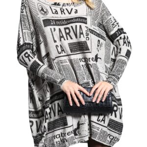 ellazhu Women's Autumn Long Sleeve Printed Newsprint Crew Neck Sweater Sweatshirt DH40 Grey