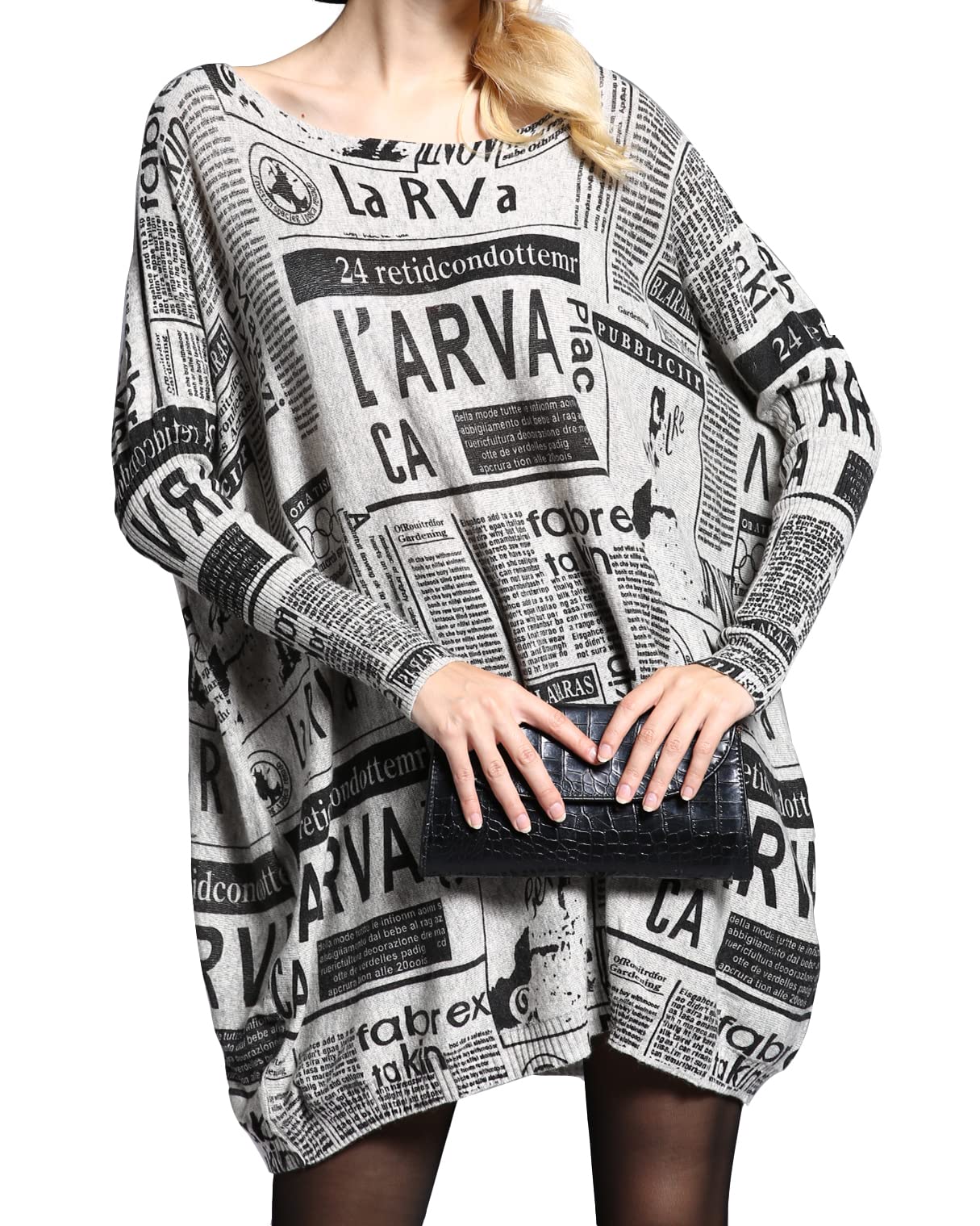 ellazhu Women's Autumn Long Sleeve Printed Newsprint Crew Neck Sweater Sweatshirt DH40 Grey