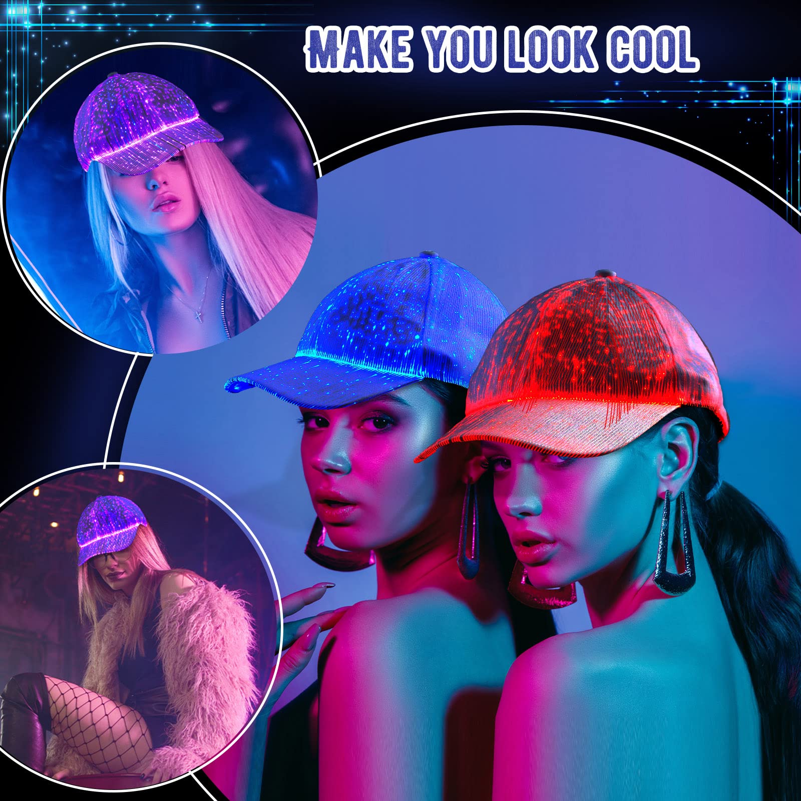 LED Hat Light up Baseball Cap 7 Colors Luminous LED Light Baseball Cap Flash Glow Hat Fiber Optic Cap for Men Women Glow in Dark Party Supplies