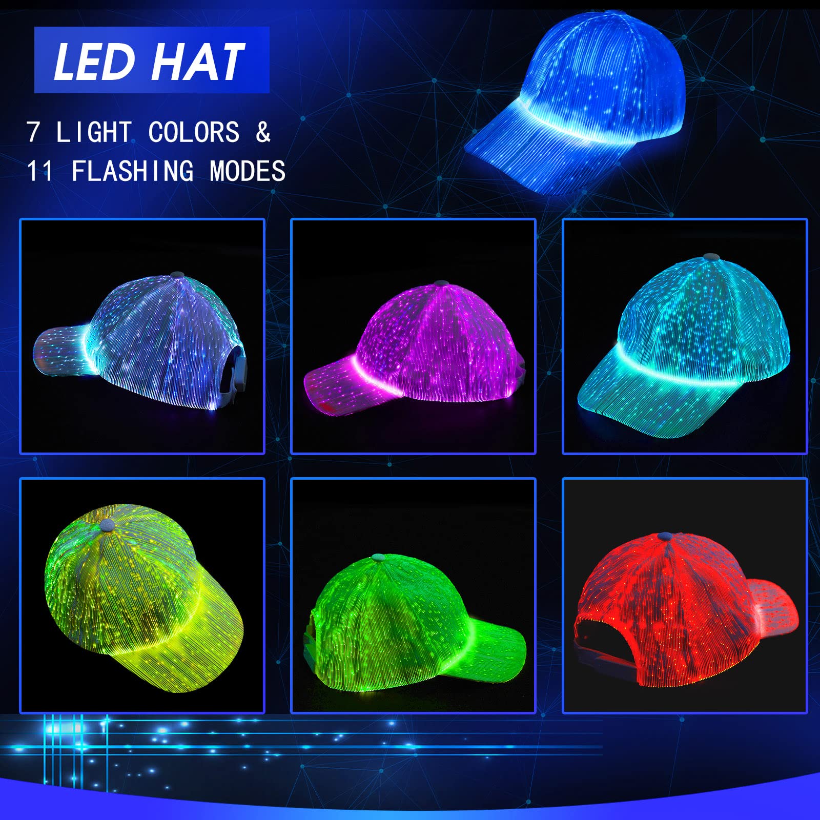 LED Hat Light up Baseball Cap 7 Colors Luminous LED Light Baseball Cap Flash Glow Hat Fiber Optic Cap for Men Women Glow in Dark Party Supplies