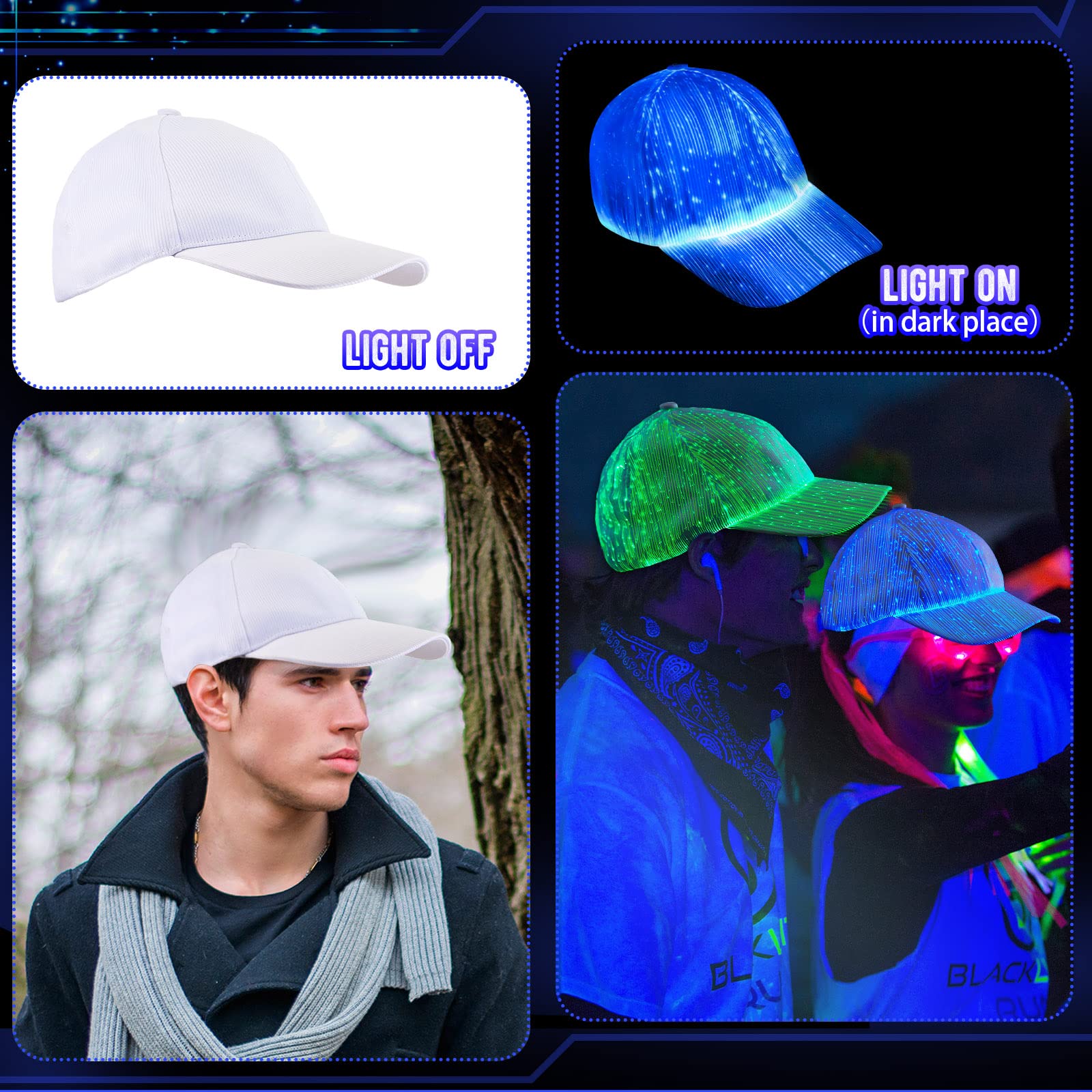 LED Hat Light up Baseball Cap 7 Colors Luminous LED Light Baseball Cap Flash Glow Hat Fiber Optic Cap for Men Women Glow in Dark Party Supplies