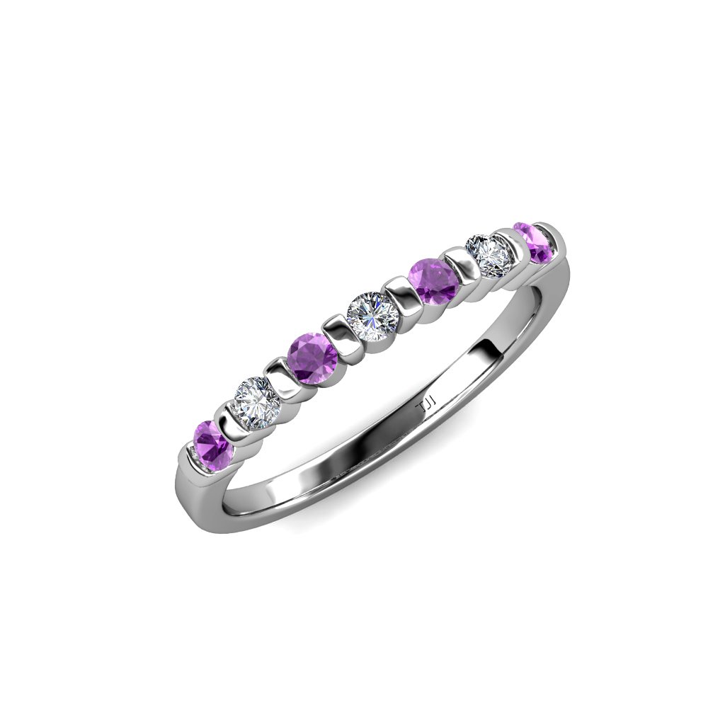 Amethyst & Lab Grown Diamond 1/5 ctw 7 Stone Women Wedding Band Stackable 14K White Gold.size 7.5