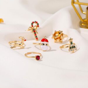 6 Pcs Christmas Rings Cute Cartoon Candy Santa Claus Santa Bow Elk ruby cartoon Elk Christmas Tree Rings Open Adjustable Knuckle Stacking Rings Set