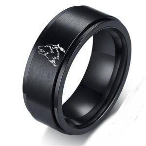 viking wolf spinner ring for men women, stainless steel wolf head wolves spirit anxiety band ring, fenrir wolf finger rings, wolf fans jewelry gifts, black, size 11