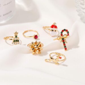 6 Pcs Christmas Rings Cute Cartoon Candy Santa Claus Santa Bow Elk ruby cartoon Elk Christmas Tree Rings Open Adjustable Knuckle Stacking Rings Set