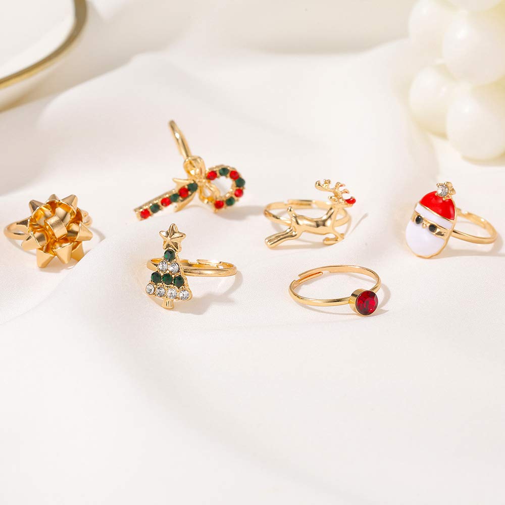 6 Pcs Christmas Rings Cute Cartoon Candy Santa Claus Santa Bow Elk ruby cartoon Elk Christmas Tree Rings Open Adjustable Knuckle Stacking Rings Set