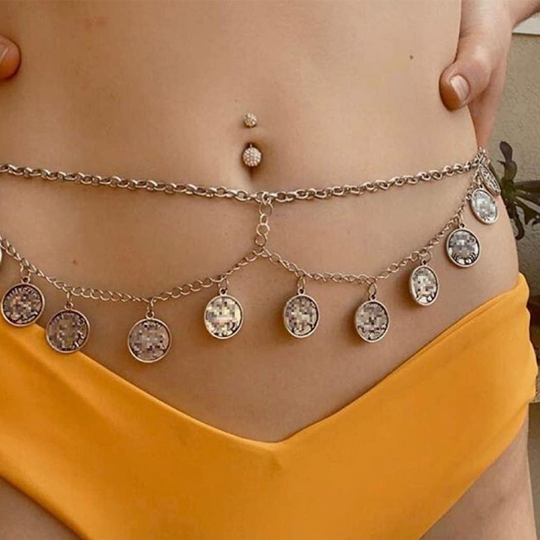 Asooll Gold Belly Body Chain Layered Coin Waist Chain Bikini Belly Jewelry Fashion Beach Bikini Club Rave Party Body Accessories Jewelry for Women and Girls