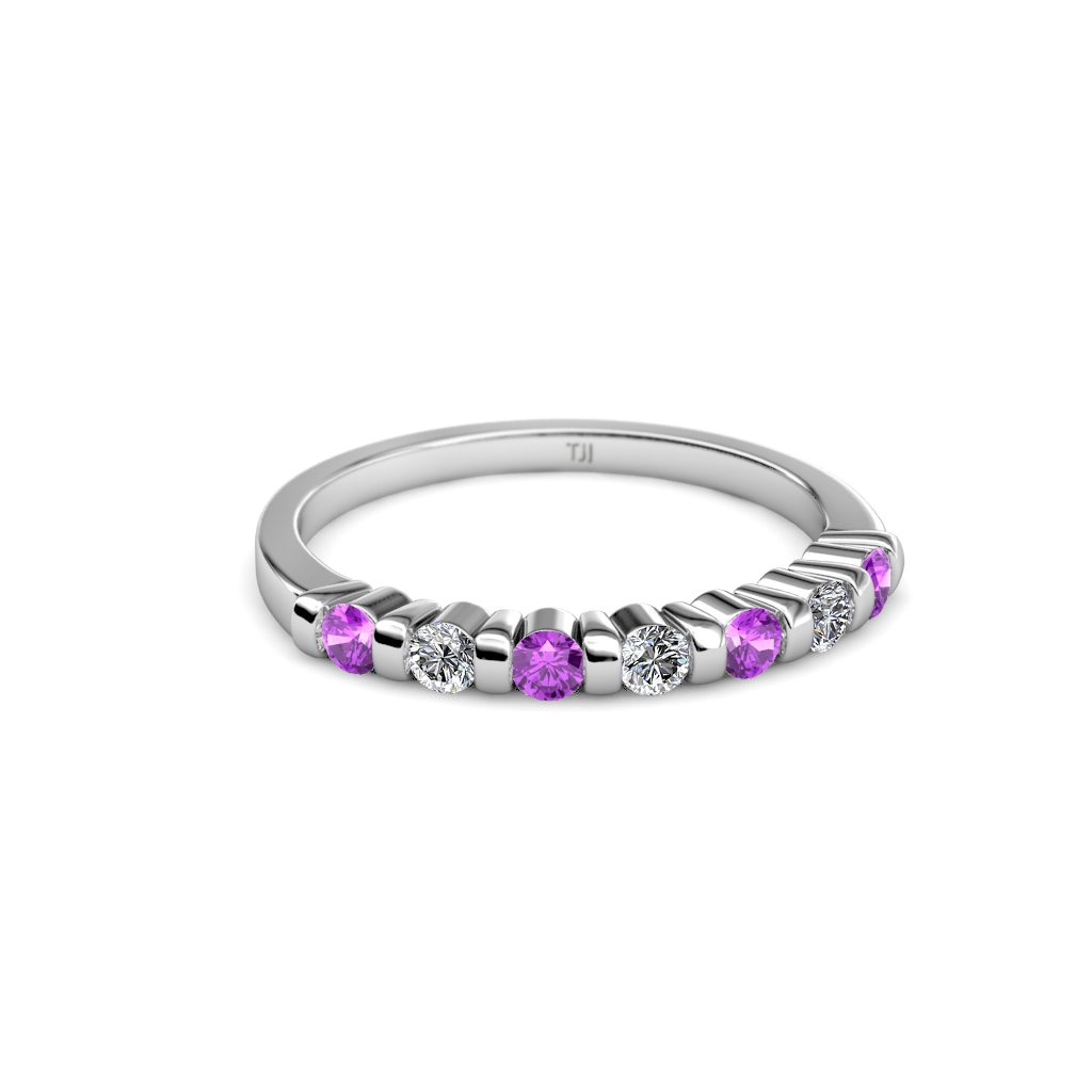 Amethyst & Lab Grown Diamond 1/5 ctw 7 Stone Women Wedding Band Stackable 14K White Gold.size 7.5