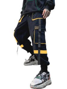 ambcol men's jogger pants techwear hip hop harem pants streetwear tactical track pants with drawstring black-yellow medium