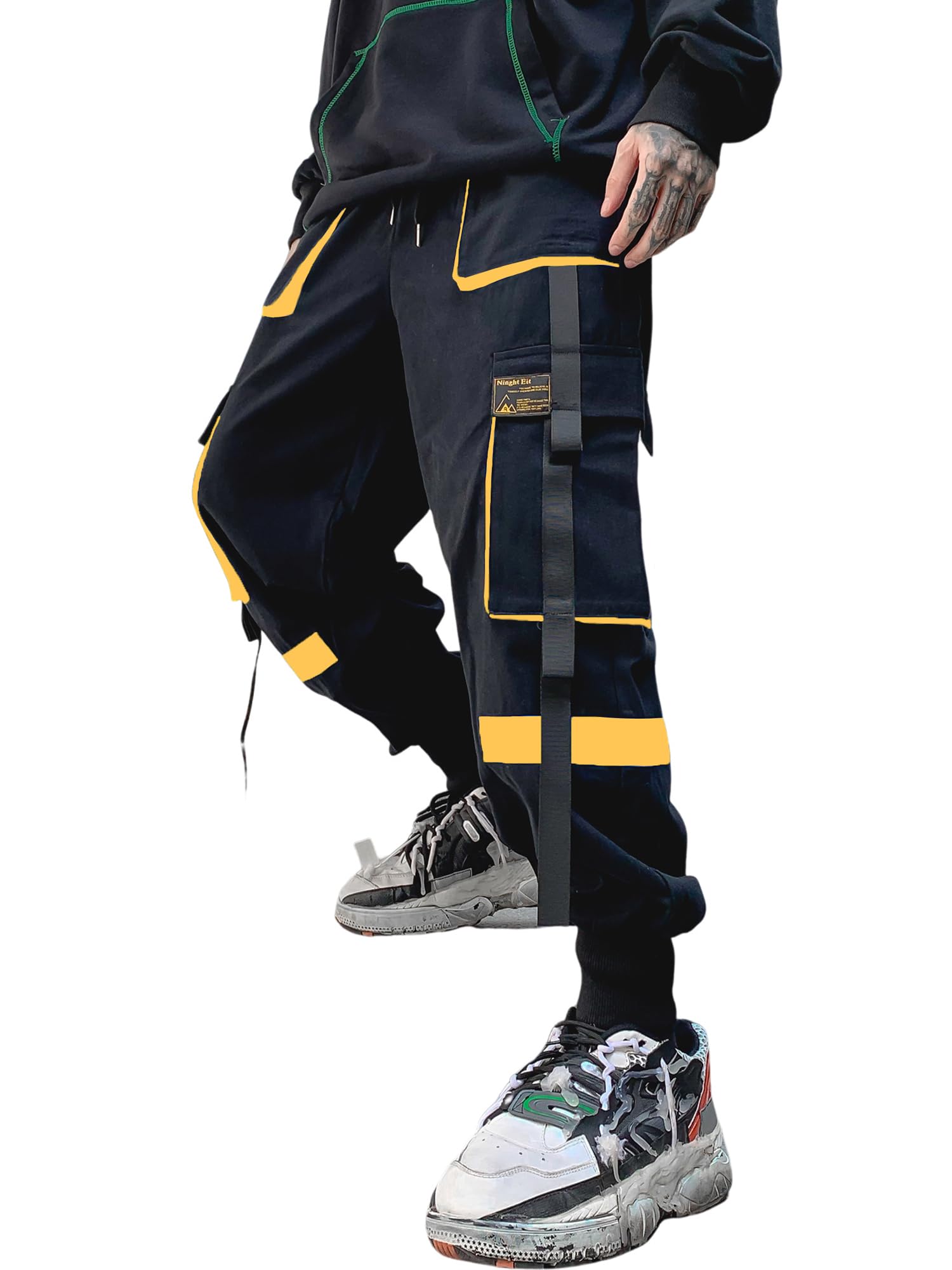 Ambcol Men's Jogger Pants Techwear Hip Hop Harem Pants Streetwear Tactical Track Pants with Drawstring Black-Yellow Medium