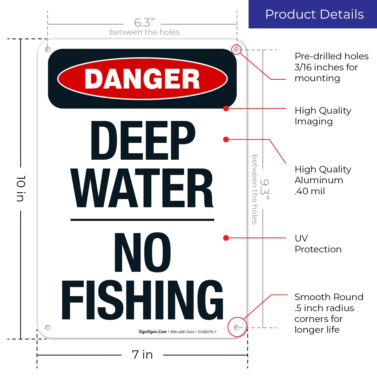 Sigo Signs, No Fishing Deep Water Sign, 10x7 Inches, Rust Free .040 Aluminum, Fade Resistant, Made in USA