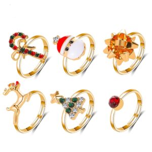 6 pcs christmas rings cute cartoon candy santa claus santa bow elk ruby cartoon elk christmas tree rings open adjustable knuckle stacking rings set