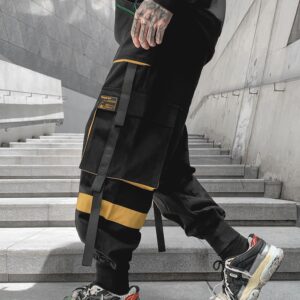 Ambcol Men's Jogger Pants Techwear Hip Hop Harem Pants Streetwear Tactical Track Pants with Drawstring Black-Yellow Medium