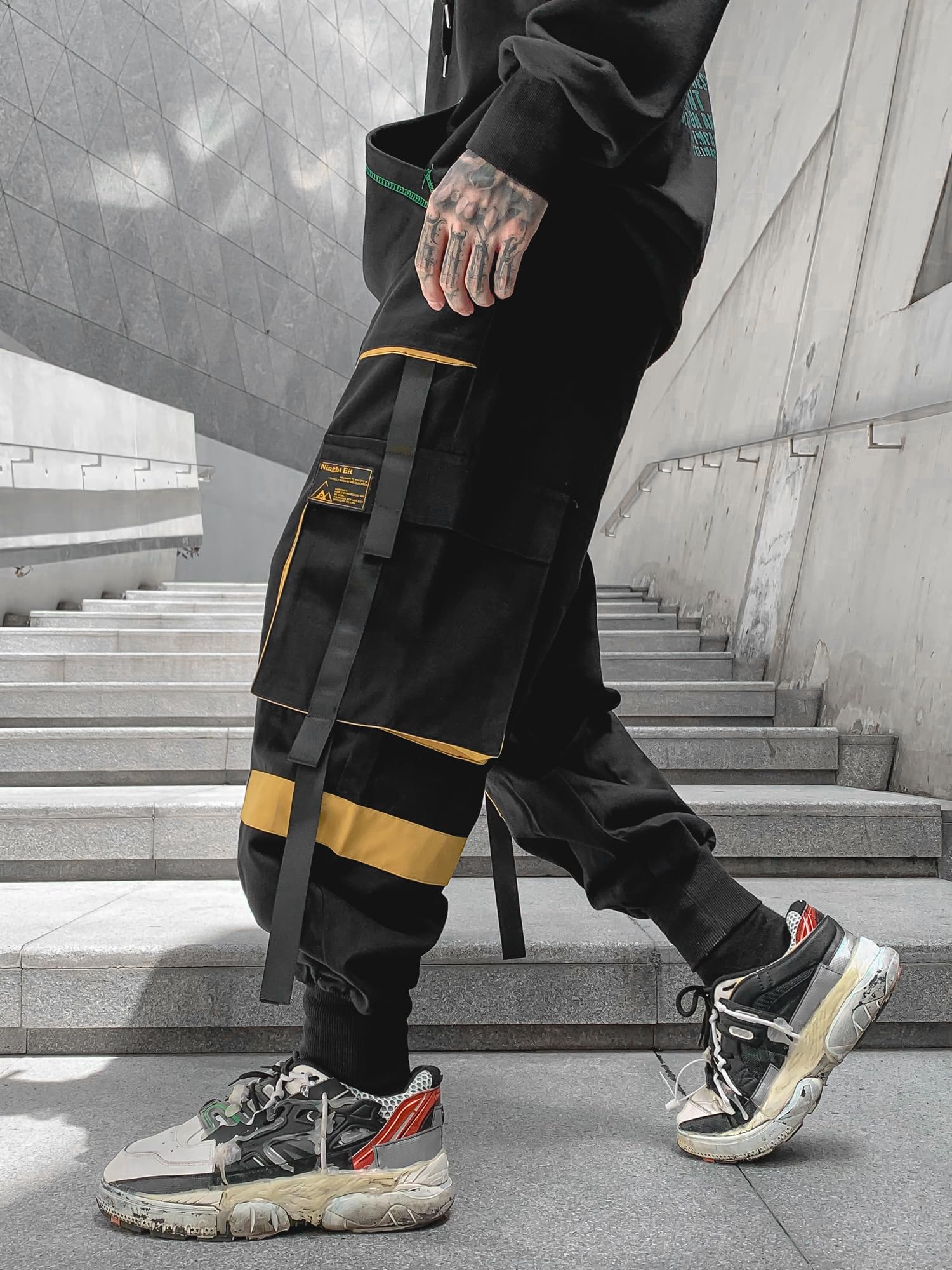 Ambcol Men's Jogger Pants Techwear Hip Hop Harem Pants Streetwear Tactical Track Pants with Drawstring Black-Yellow Medium