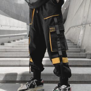 Ambcol Men's Jogger Pants Techwear Hip Hop Harem Pants Streetwear Tactical Track Pants with Drawstring Black-Yellow Medium