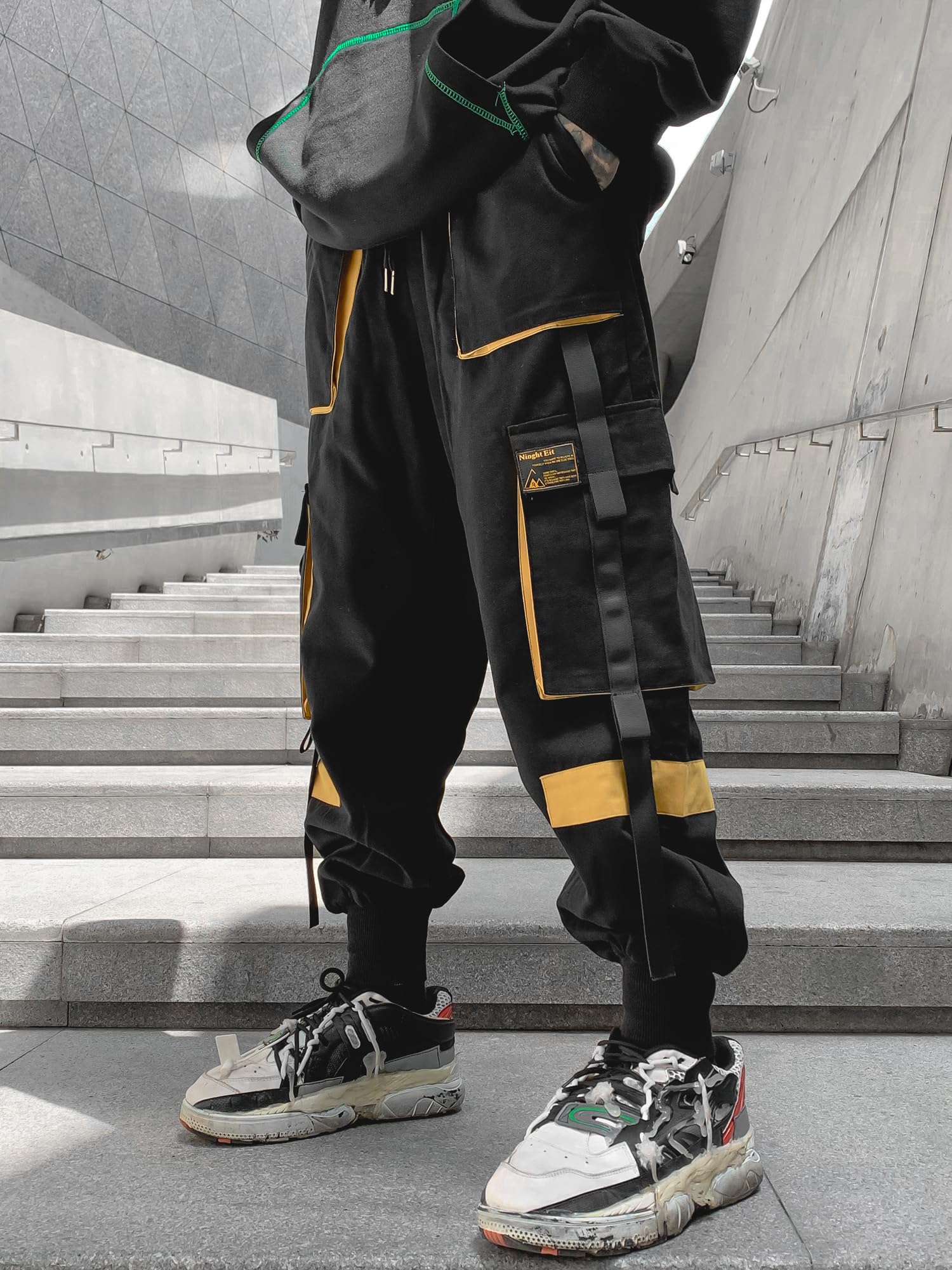 Ambcol Men's Jogger Pants Techwear Hip Hop Harem Pants Streetwear Tactical Track Pants with Drawstring Black-Yellow Medium