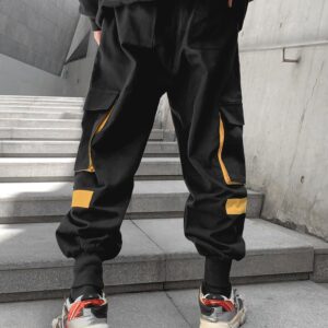 Ambcol Men's Jogger Pants Techwear Hip Hop Harem Pants Streetwear Tactical Track Pants with Drawstring Black-Yellow Medium