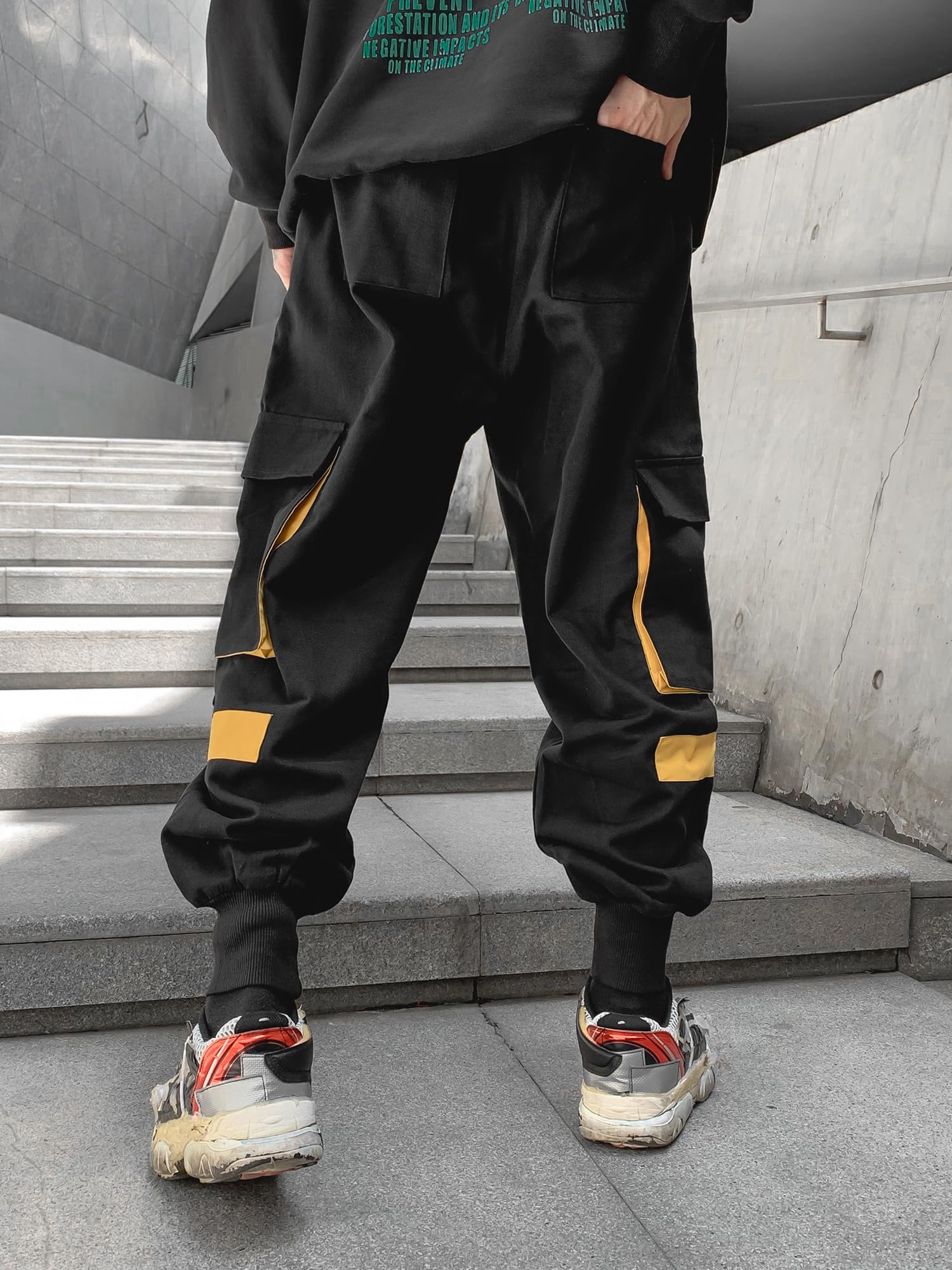 Ambcol Men's Jogger Pants Techwear Hip Hop Harem Pants Streetwear Tactical Track Pants with Drawstring Black-Yellow Medium