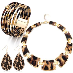 junkin 3 pieces bohemia leopard jewelry set multilayer leather cuff bracelet leopard print earrings leopard print necklace collar bib for women