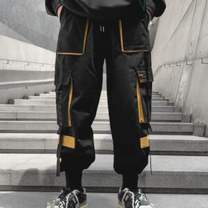 Ambcol Men's Jogger Pants Techwear Hip Hop Harem Pants Streetwear Tactical Track Pants with Drawstring Black-Yellow Medium