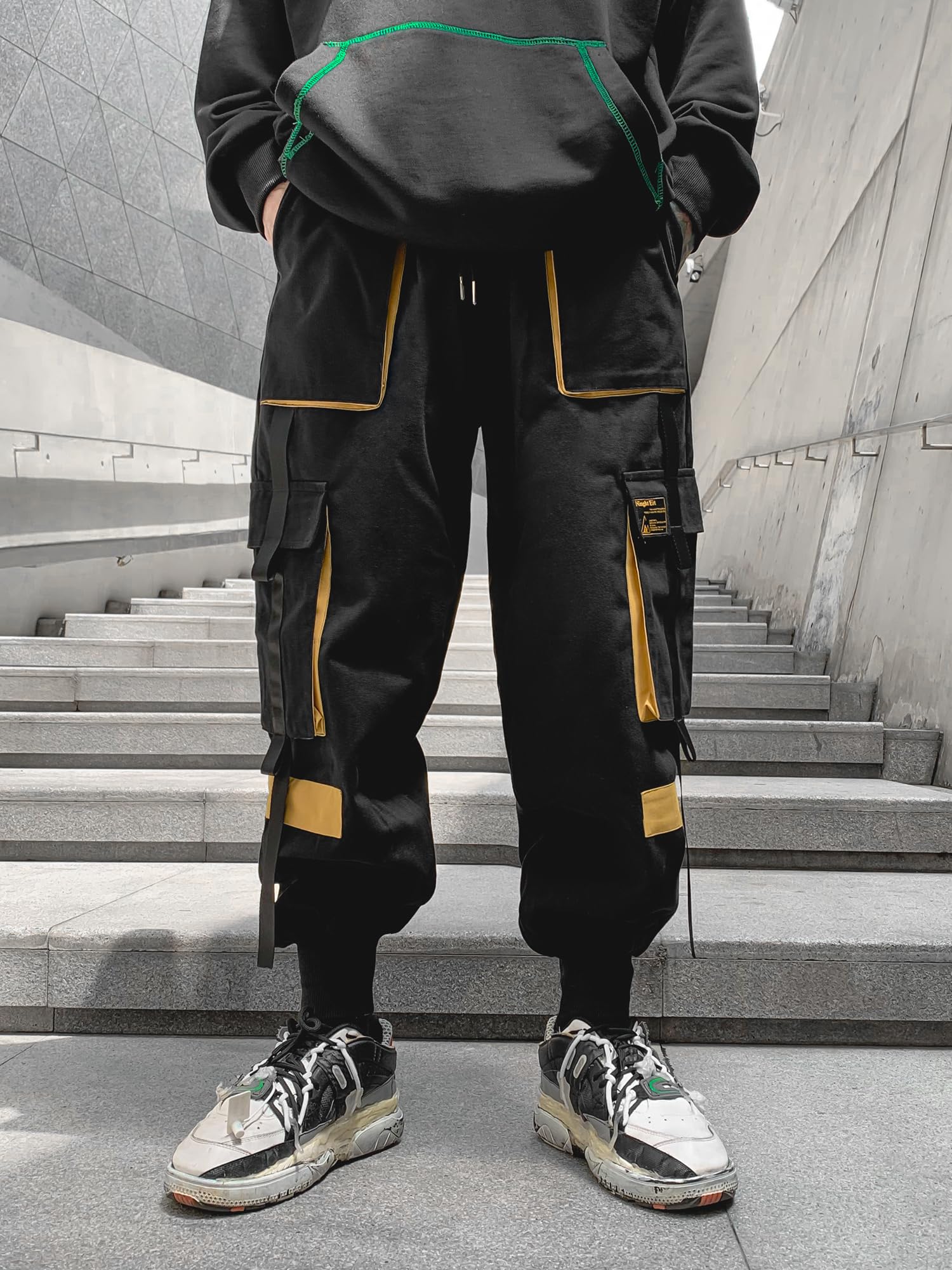 Ambcol Men's Jogger Pants Techwear Hip Hop Harem Pants Streetwear Tactical Track Pants with Drawstring Black-Yellow Medium