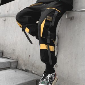 Ambcol Men's Jogger Pants Techwear Hip Hop Harem Pants Streetwear Tactical Track Pants with Drawstring Black-Yellow Medium