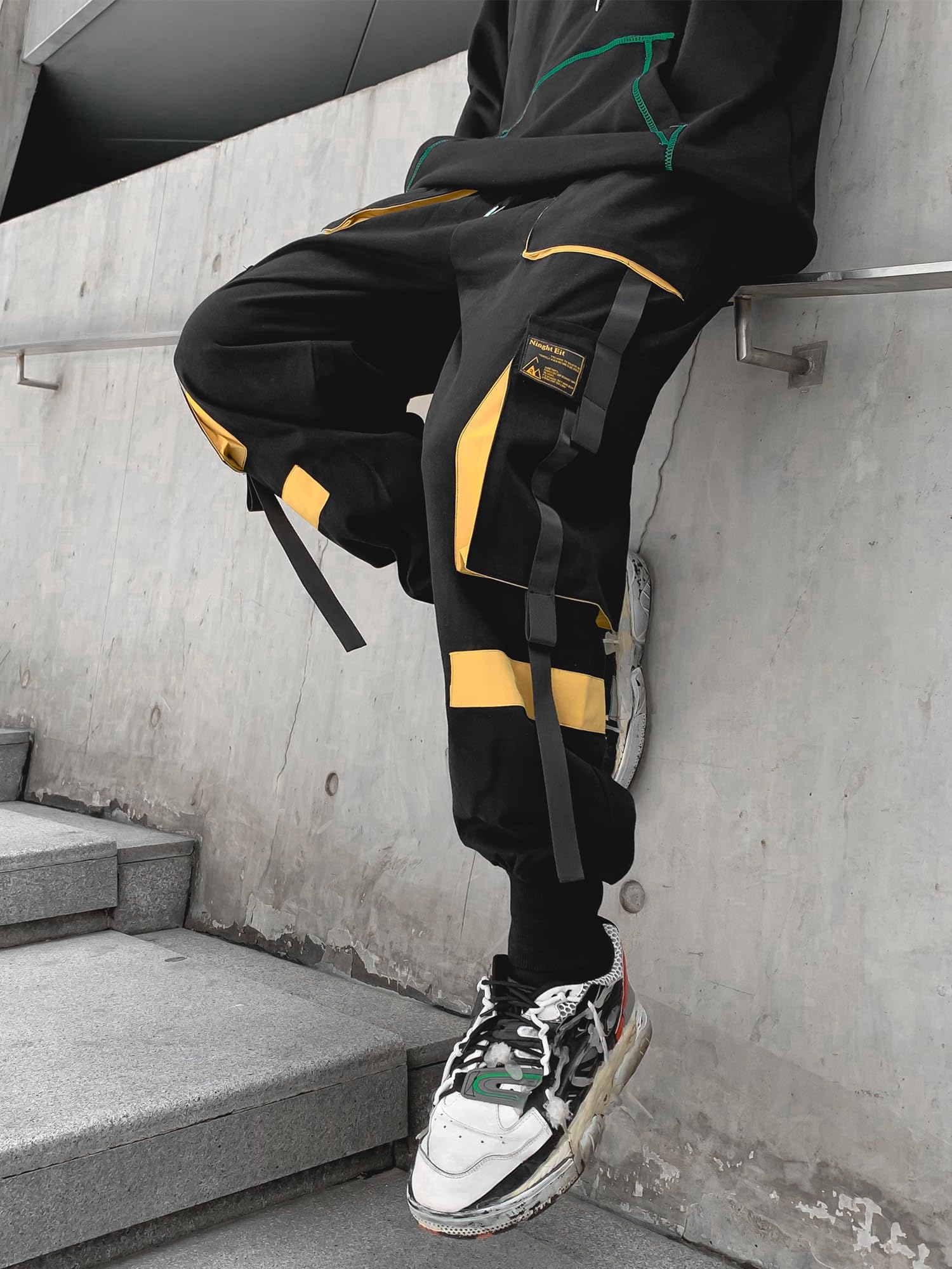 Ambcol Men's Jogger Pants Techwear Hip Hop Harem Pants Streetwear Tactical Track Pants with Drawstring Black-Yellow Medium