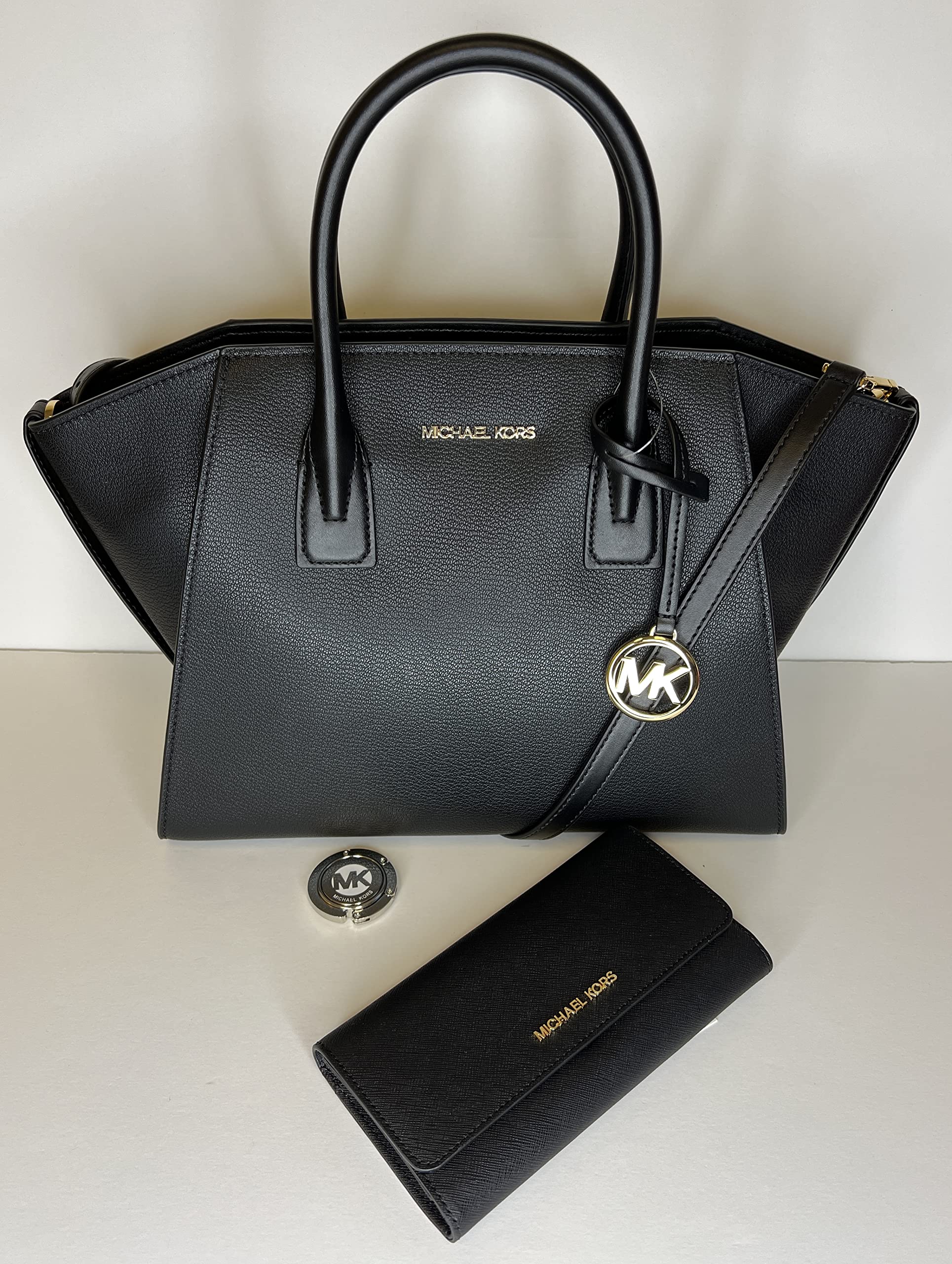 Michael Kors MICHAEL Michael Kors Avril Large Top-Zip Satchel bundled with Trifold Wallet Purse Hook (Black)