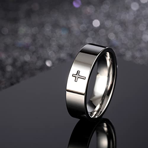 COLORFUL BLING 6MM Simple Polished Engraved Cross Stackable Ring Stainless Steel Silver Christian Cross Ring Sideways Religious Wedding Band Jewelry-10