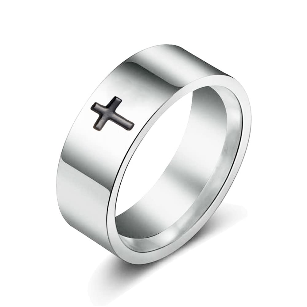 COLORFUL BLING 6MM Simple Polished Engraved Cross Stackable Ring Stainless Steel Silver Christian Cross Ring Sideways Religious Wedding Band Jewelry-10