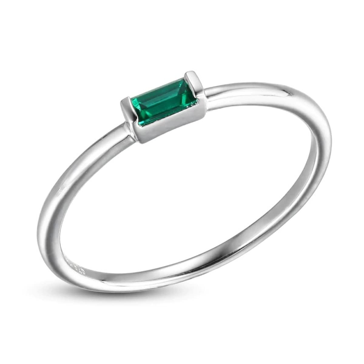 55Carat Created-Emerald 925-Sterling-Silver Bezel-Style Baguette Shape Ring Birthstone Fashion Jewelry for Men Women Gift Size: 5