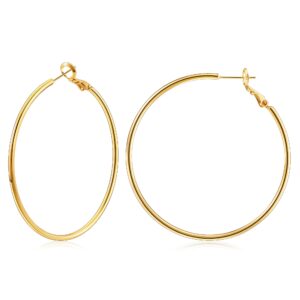 gacimy large gold hoop earrings 14k real gold plated, 925 sterling silver post gold hoops , 50mm yellow gold big earrings for women