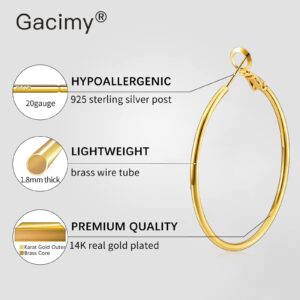 Gacimy Large Gold Hoop Earrings 14K Real Gold Plated, 925 Sterling Silver Post Gold hoops , 50mm Yellow Gold Big Earrings for Women